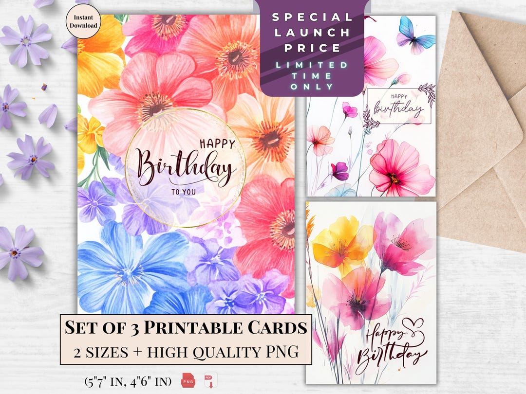 Rainbow Flower Birthday Card - Printable Happy Birthday Ecard, Instant ...