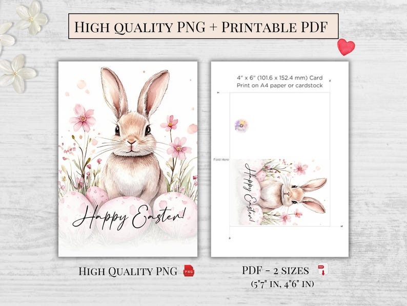 Cute Easter Bunny Printable Card - Watercolor Rabbit, Floral Spring ...