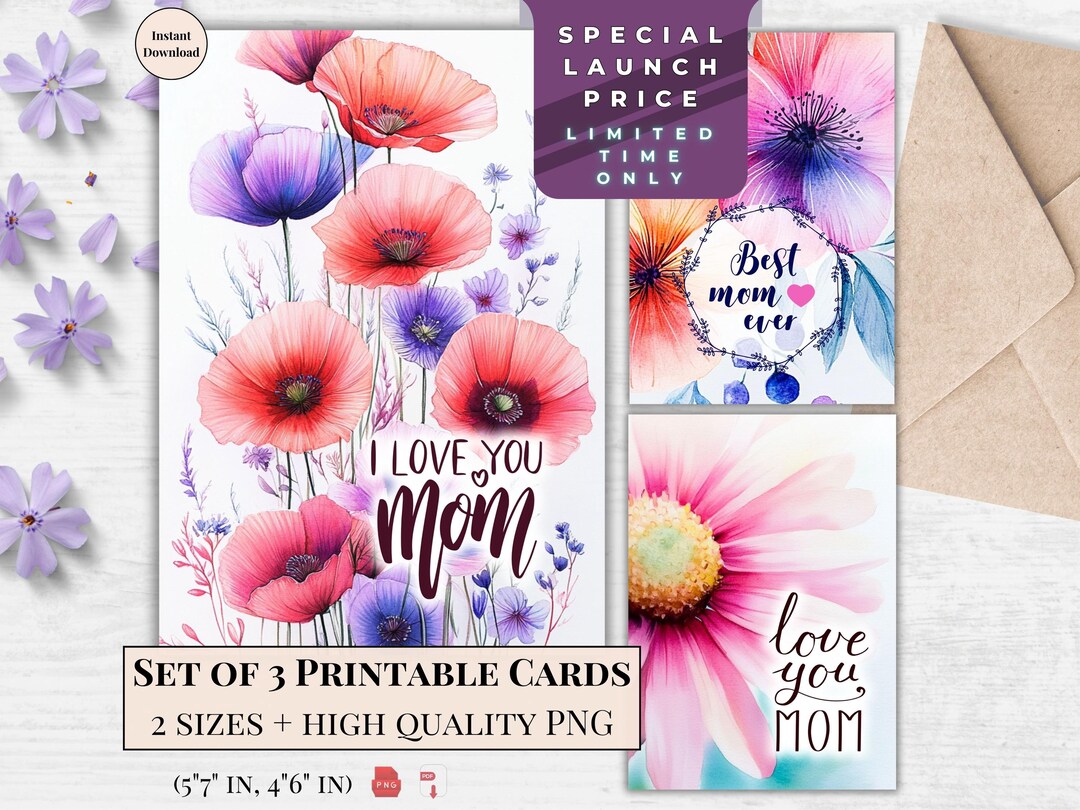 Best Mom Ever Printable Card Set - Watercolor Floral Mother’s Day Cards ...