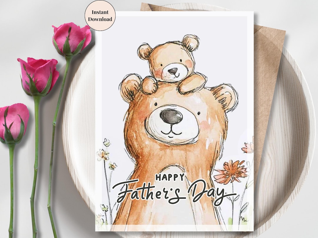 Fathers Day Bear Card – Cute Watercolor Papa Bear and Cub Printable for ...