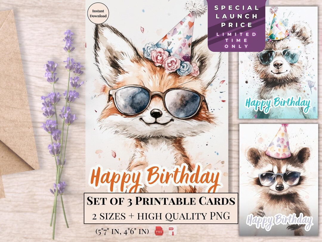 Cute Animal Birthday Cards | Watercolor Printable Bundle | Elegant ...