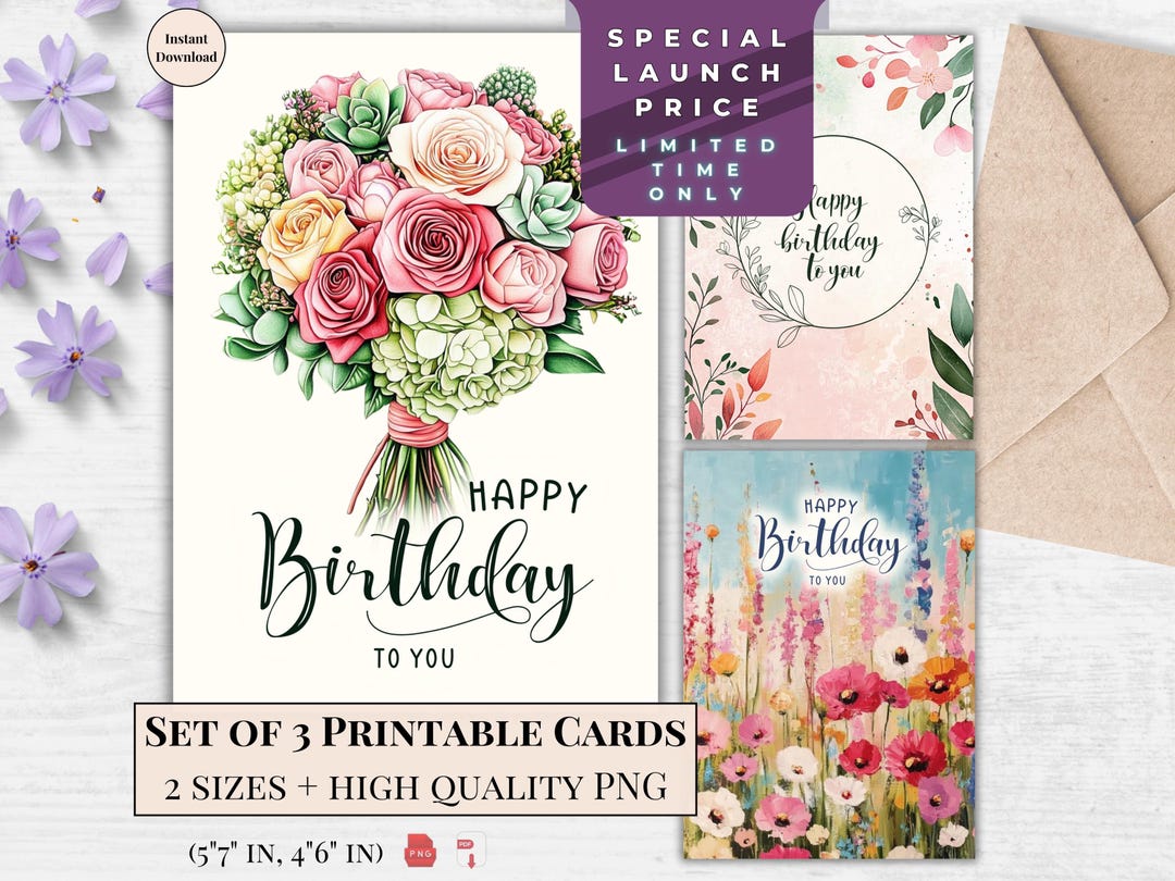 Floral Birthday Card Set: Printable Flower E-cards (digital Download ...