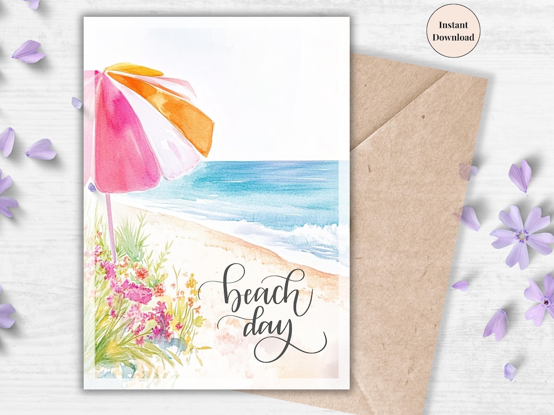 Watercolor Beach Day Card: Summer Umbrella Scene (digital Download) - Etsy