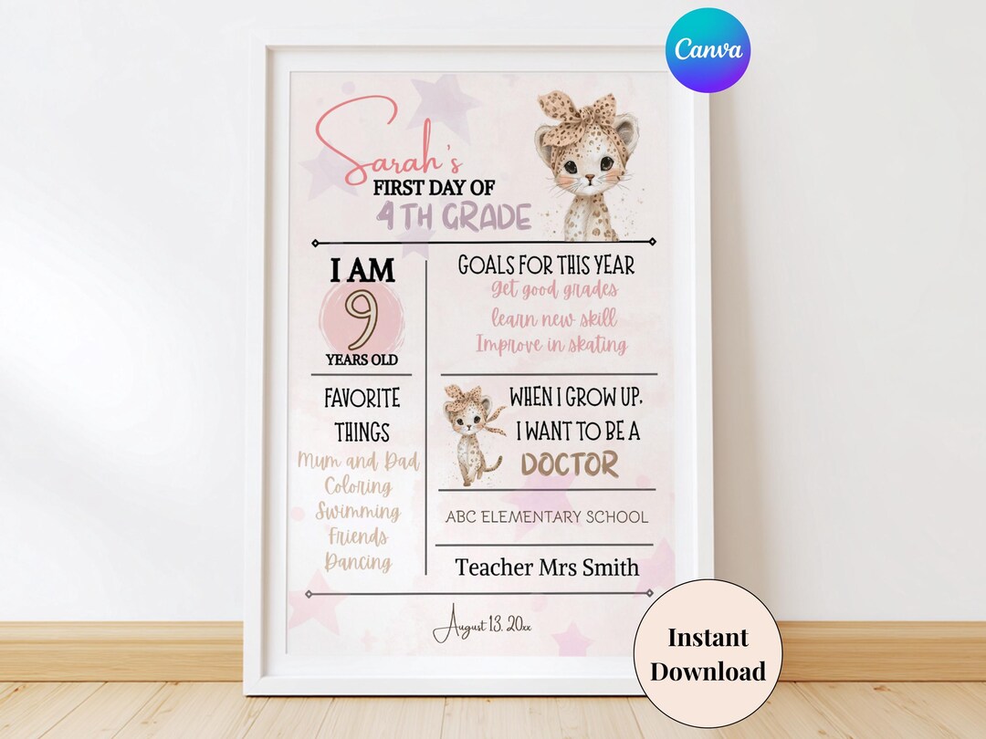 Cheetah First Day of School Sign: Blush Safari, Grades 1-8 (canva ...