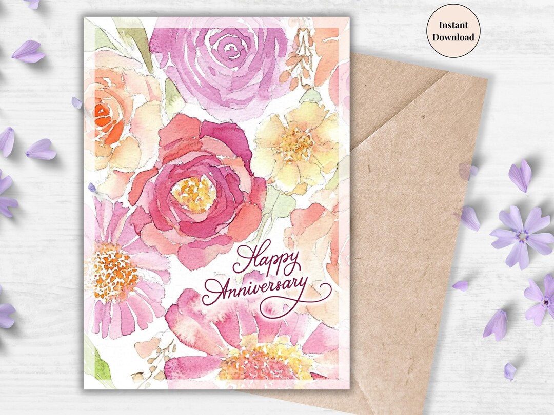 Watercolor Floral Anniversary Card: Printable Greeting (digital ...