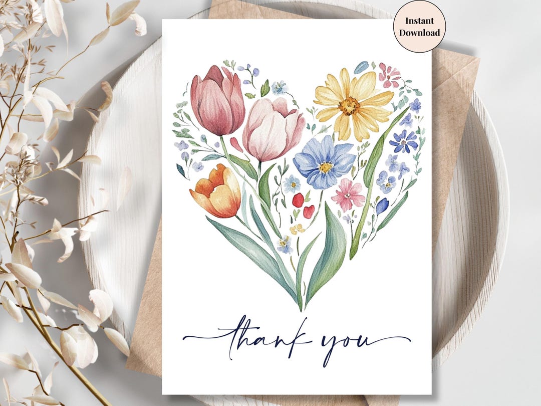Watercolor Floral Heart Thank You Card (digital Download) - Etsy