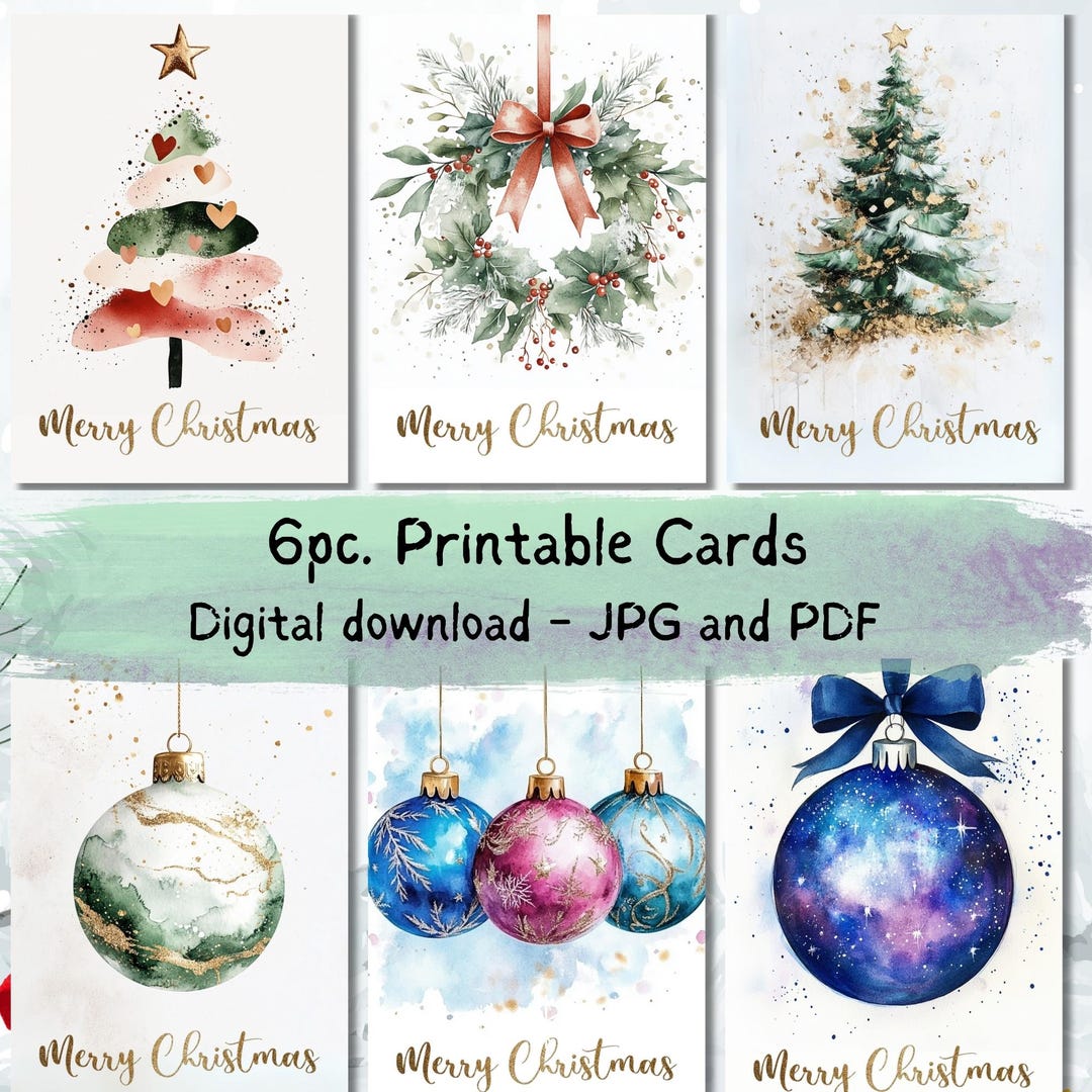 Printable Christmas Cards Bundle 6pc | Watercolor Modern Ornaments ...