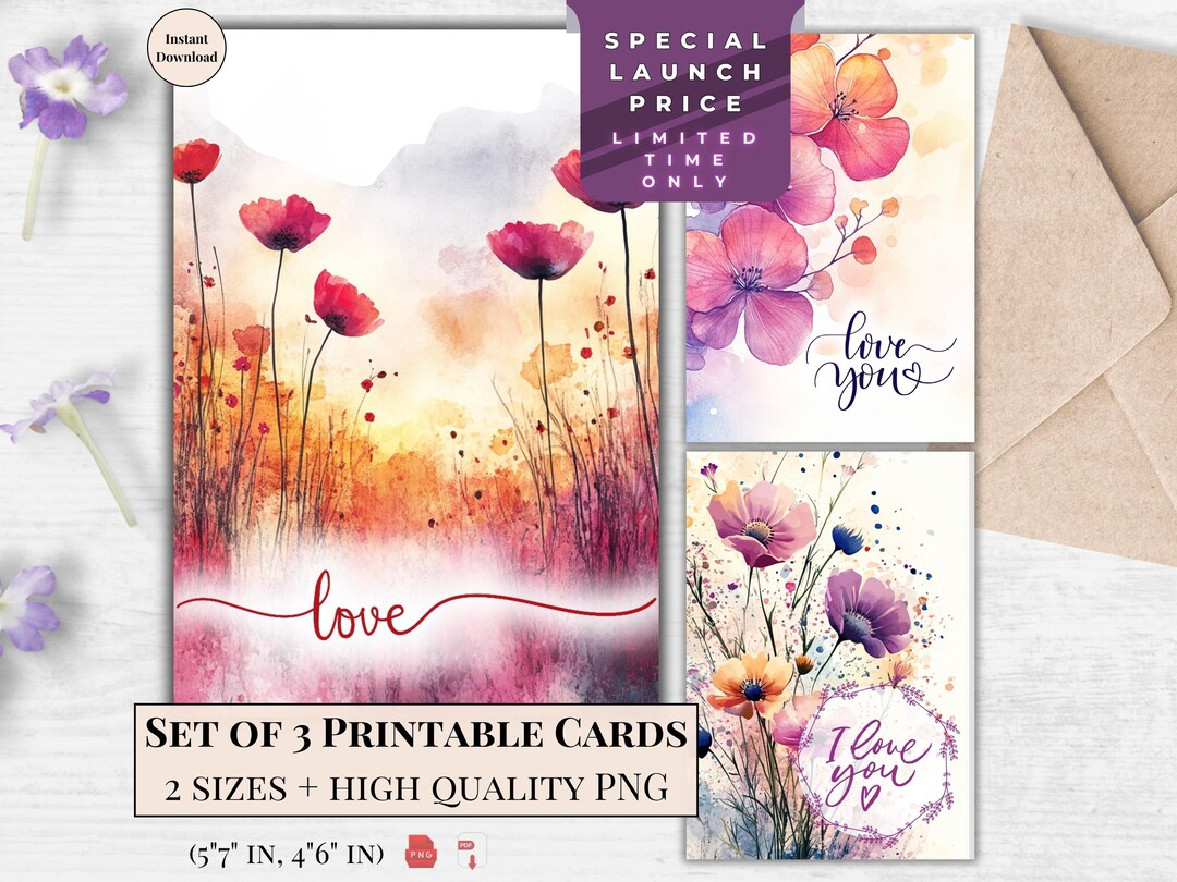 Watercolor Valentine Cards: Red Poppies, Elegant Heart (digital ...
