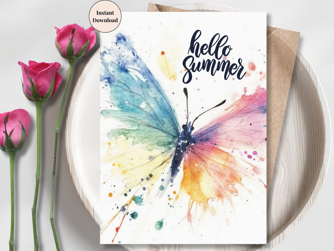 Hello Summer Butterfly Printable Card – Colorful Watercolor Greeting ...