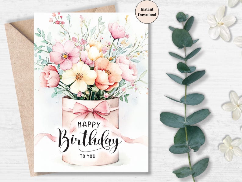 Watercolor Flowers Birthday Card: Printable Floral Bouquet (digital ...