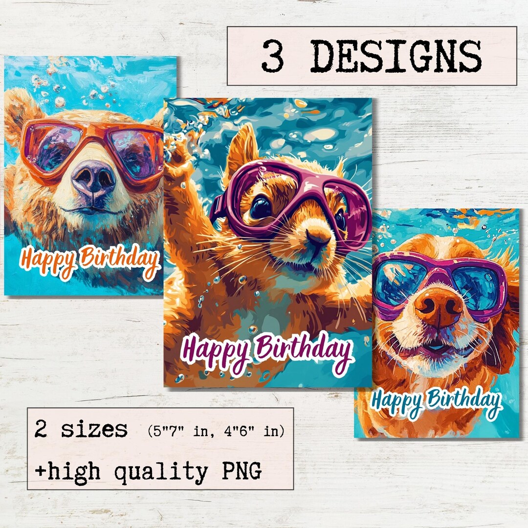Watercolor Animal Birthday Card Set: Funny Printable Ecards (digital ...