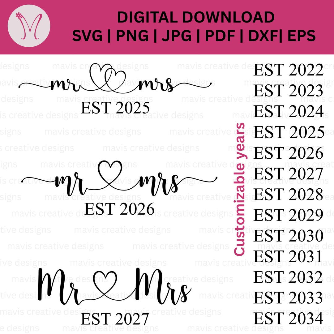 Mr and Mrs SVG Bundle: Wedding Calligraphy, Heart Design (digital ...