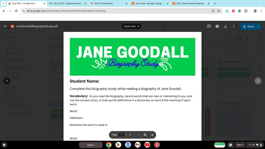 Jane Goodall Biography Study - Etsy UK