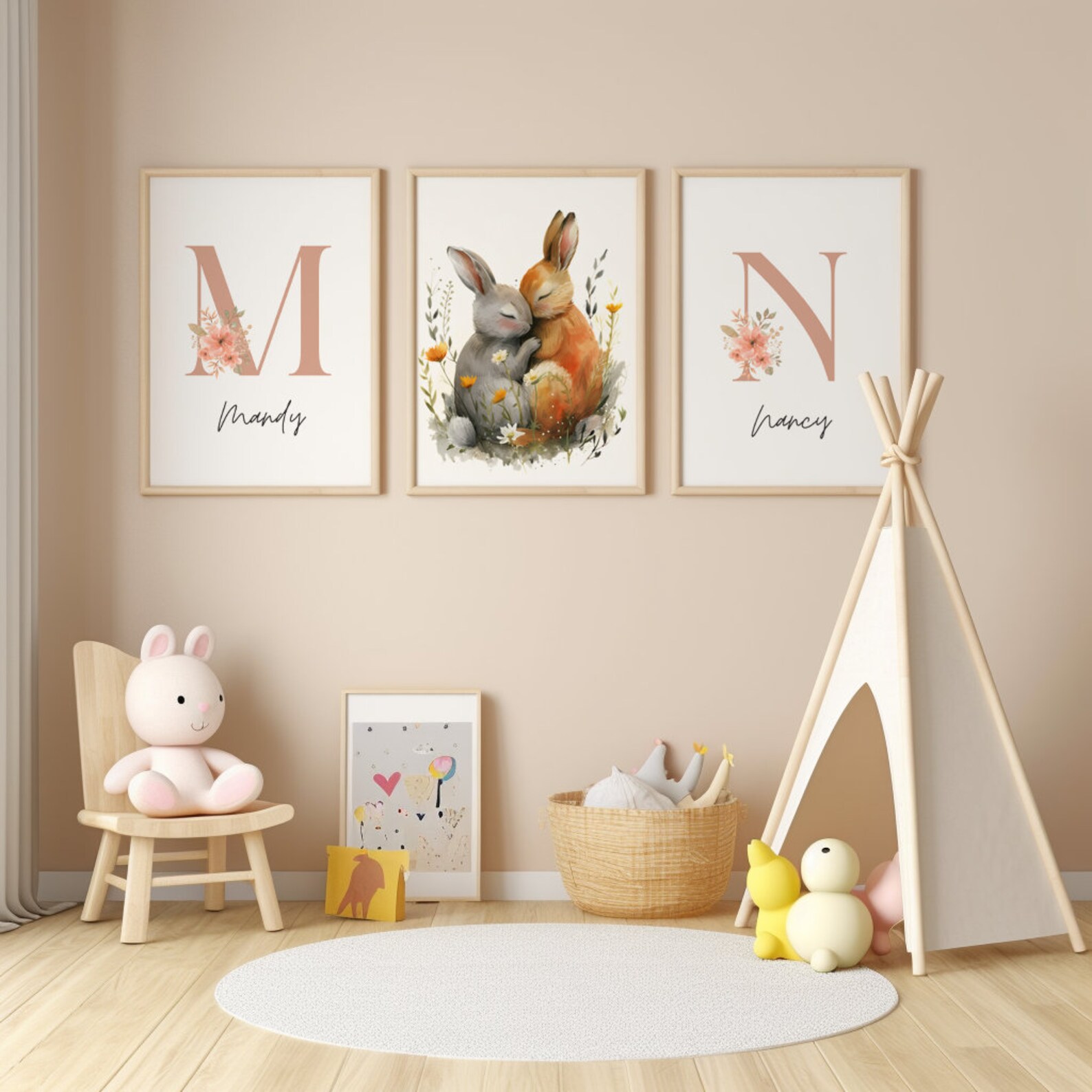Custom Twins Initial Names Wall Art, Set of 3 Nursery Rabbits Wall Art ...