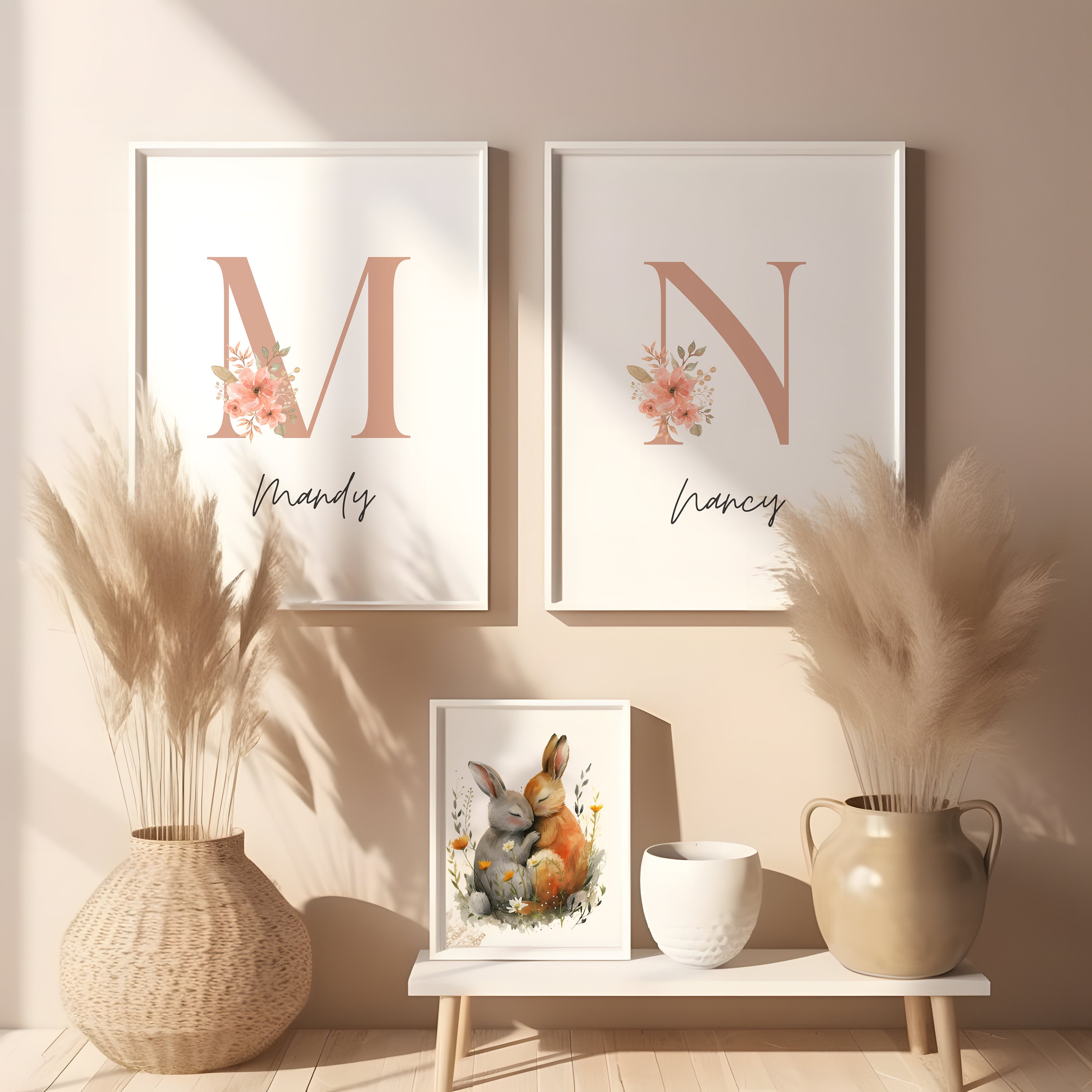 Custom Twins Initial Names Wall Art, Set of 3 Nursery Rabbits Wall Art ...