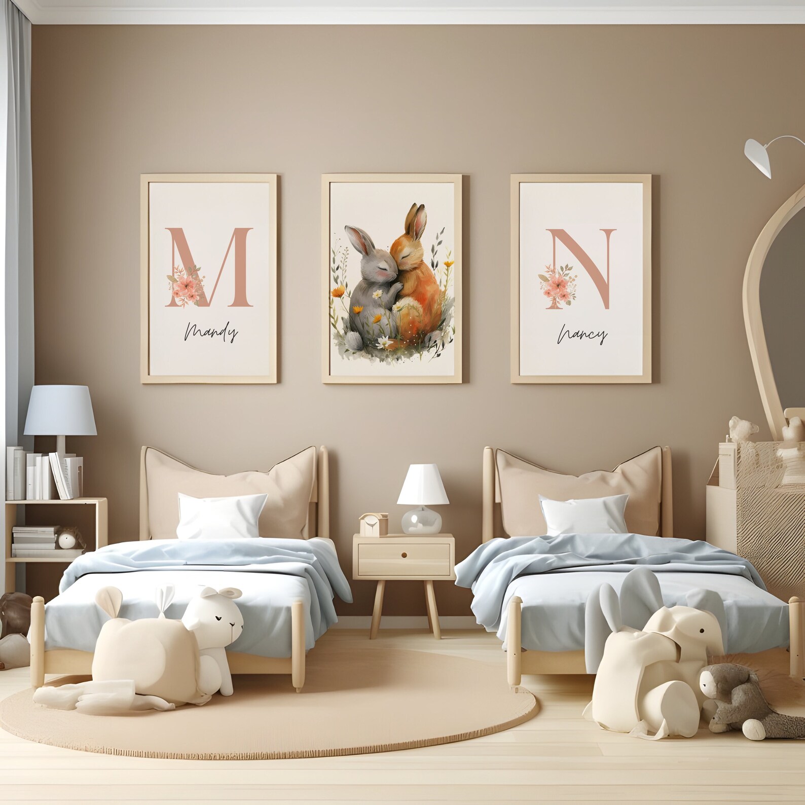 Custom Twins Initial Names Wall Art, Set of 3 Nursery Rabbits Wall Art ...
