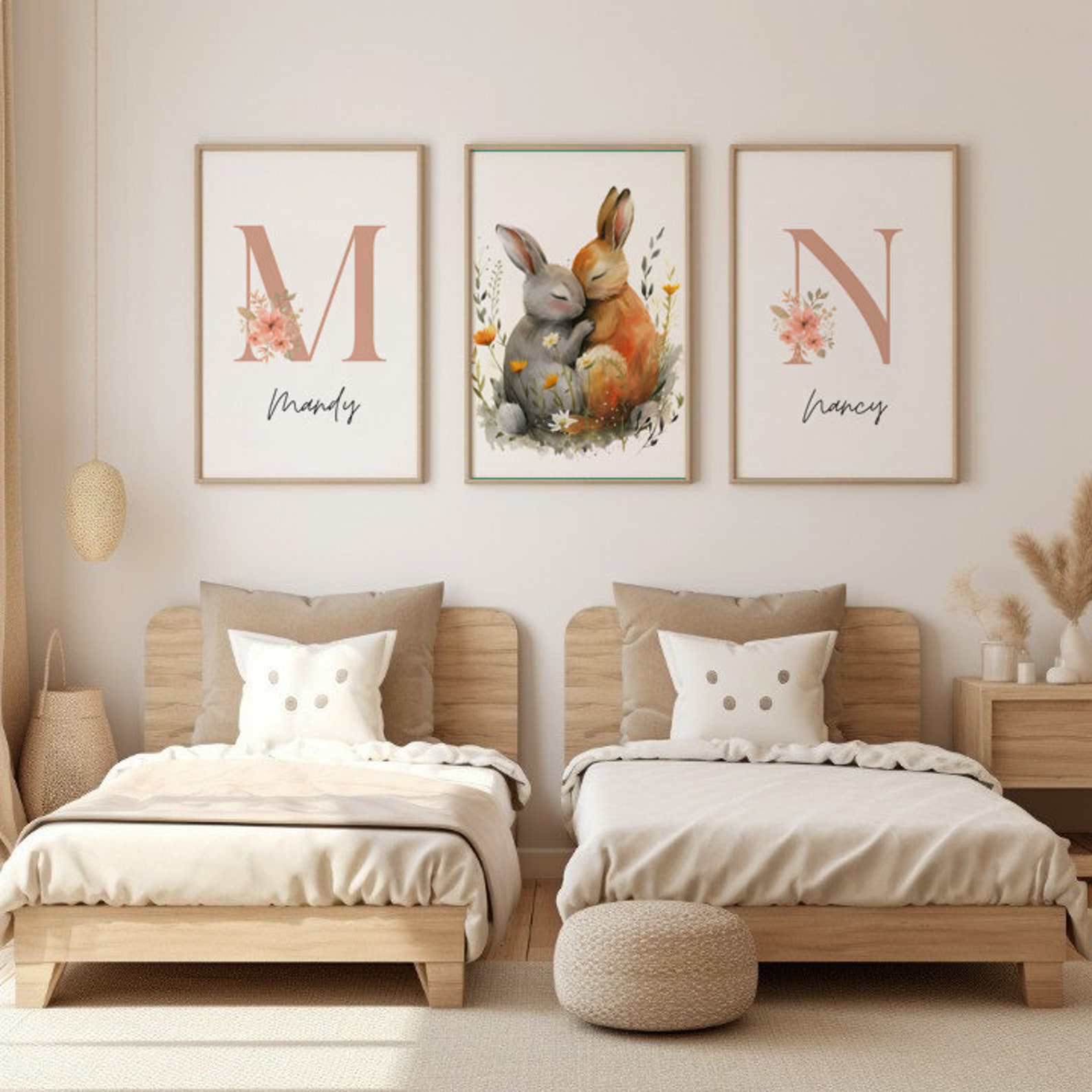 Custom Twins Initial Names Wall Art, Set of 3 Nursery Rabbits Wall Art ...