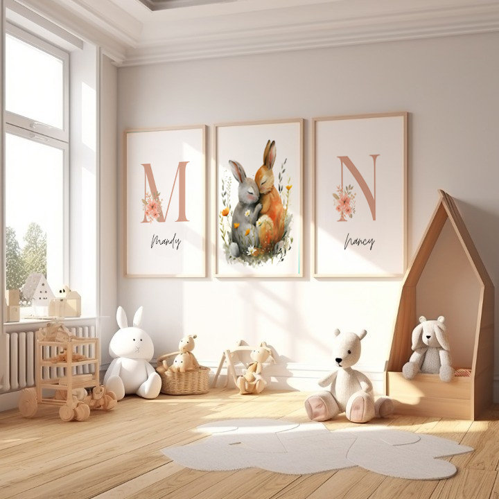 Custom Twins Initial Names Wall Art, Set of 3 Nursery Rabbits Wall Art ...