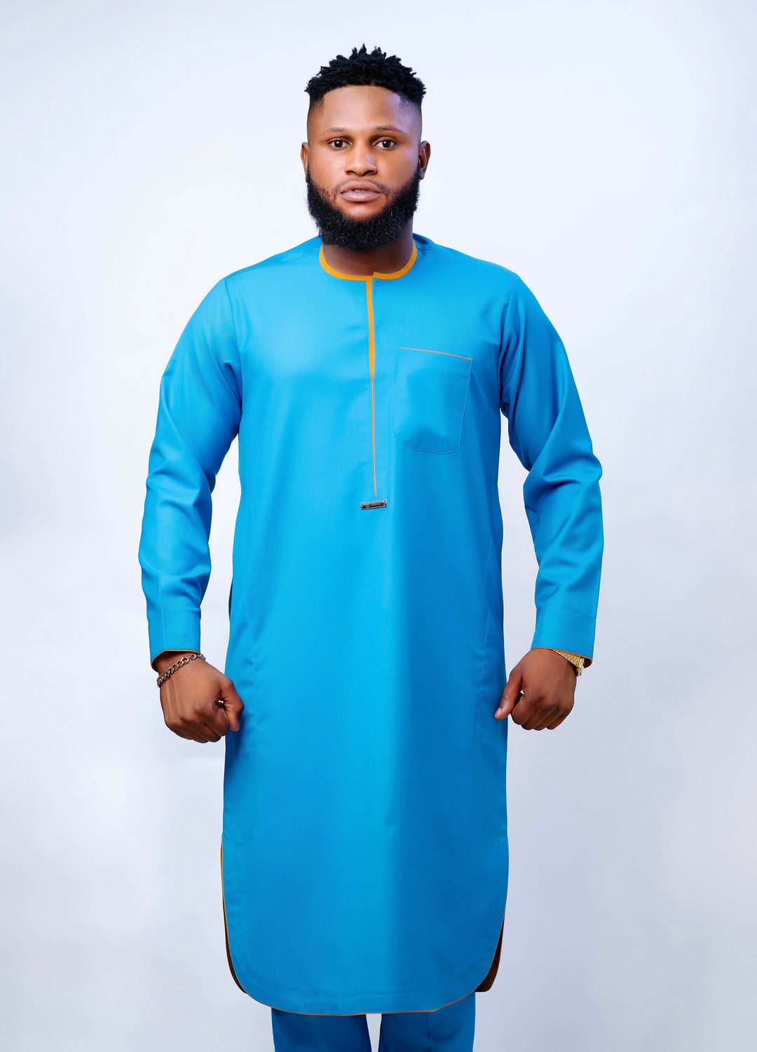 Royal Cyan Kaftan With Gold Trim - Men's African Long Sleeve Tunic ...