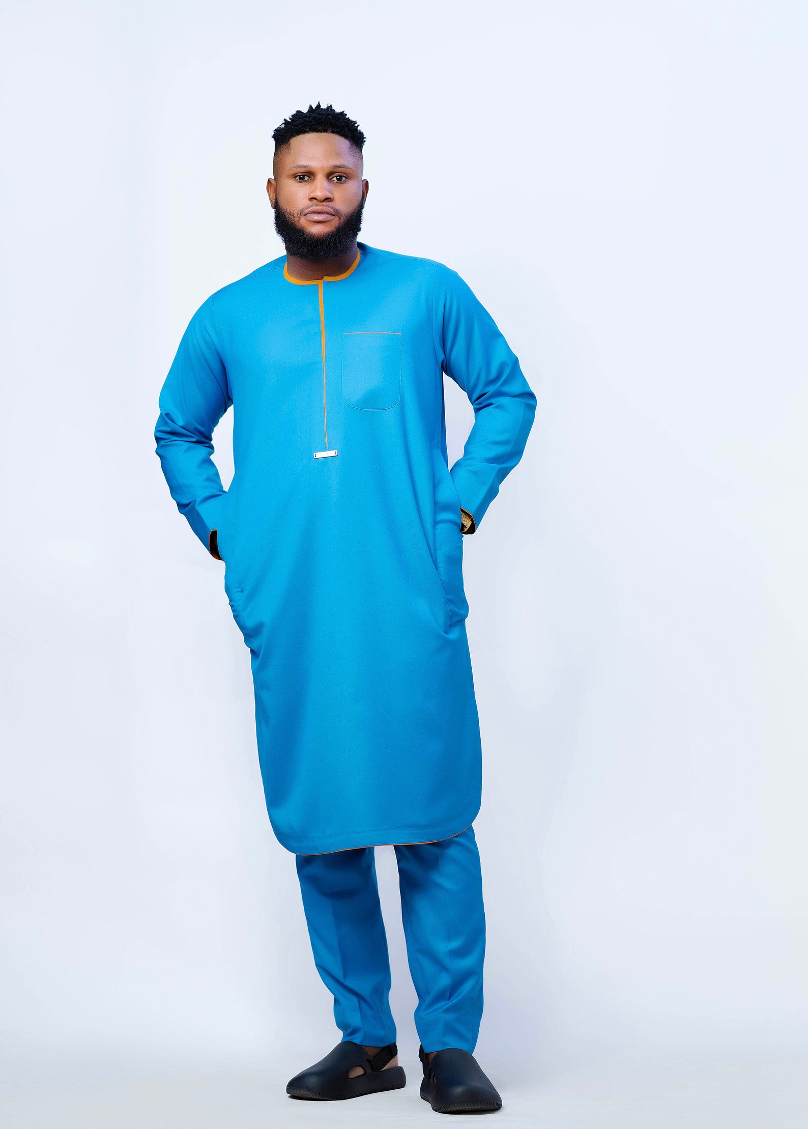 Royal Cyan Kaftan With Gold Trim - Men's African Long Sleeve Tunic ...