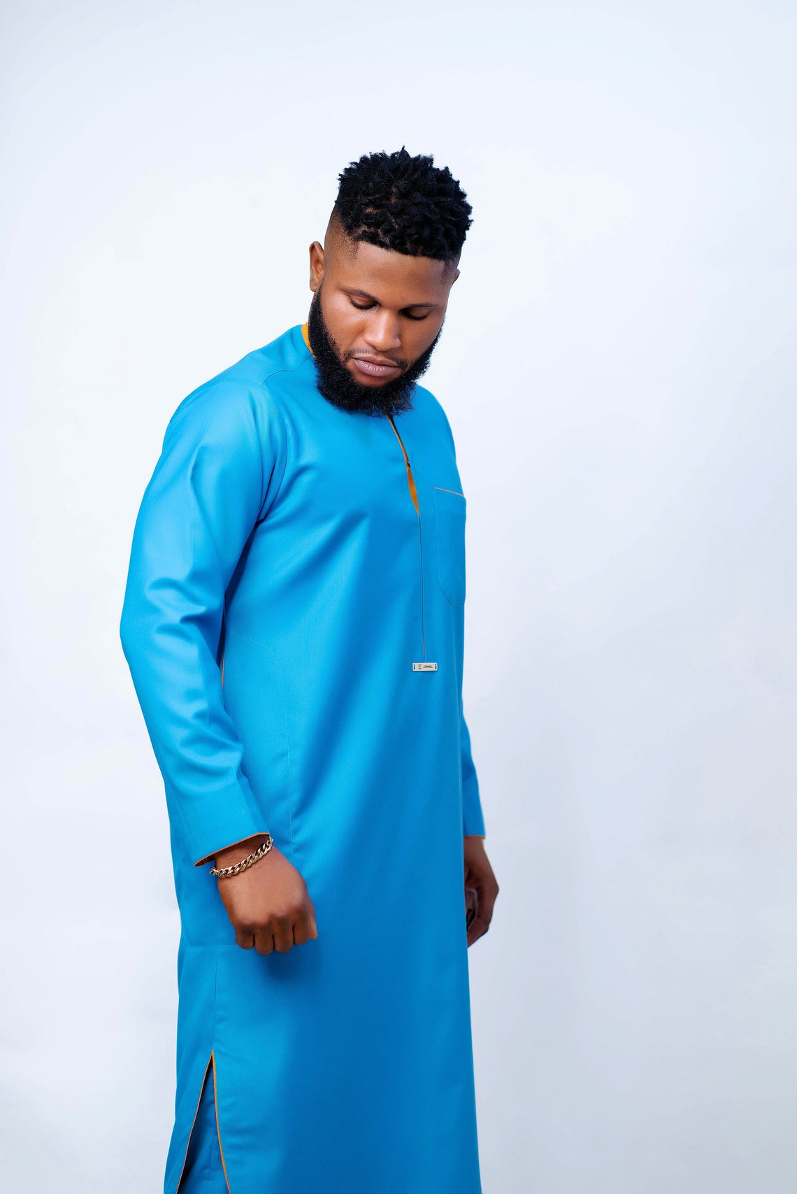 Royal Cyan Kaftan With Gold Trim - Men's African Long Sleeve Tunic ...