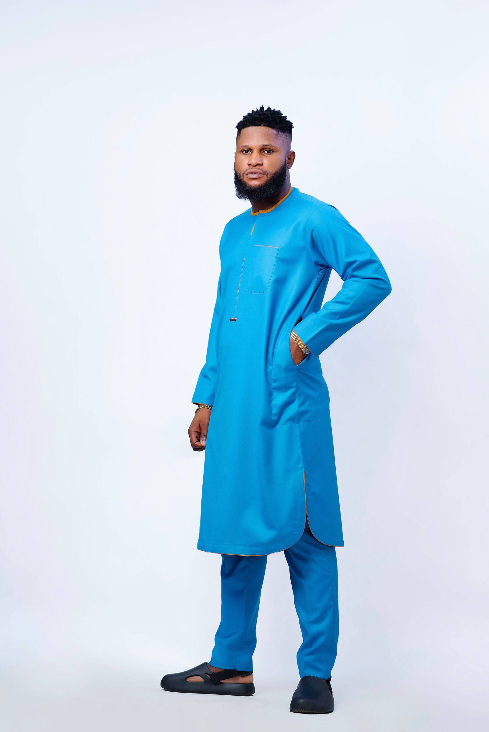 Royal Cyan Kaftan With Gold Trim - Men's African Long Sleeve Tunic ...