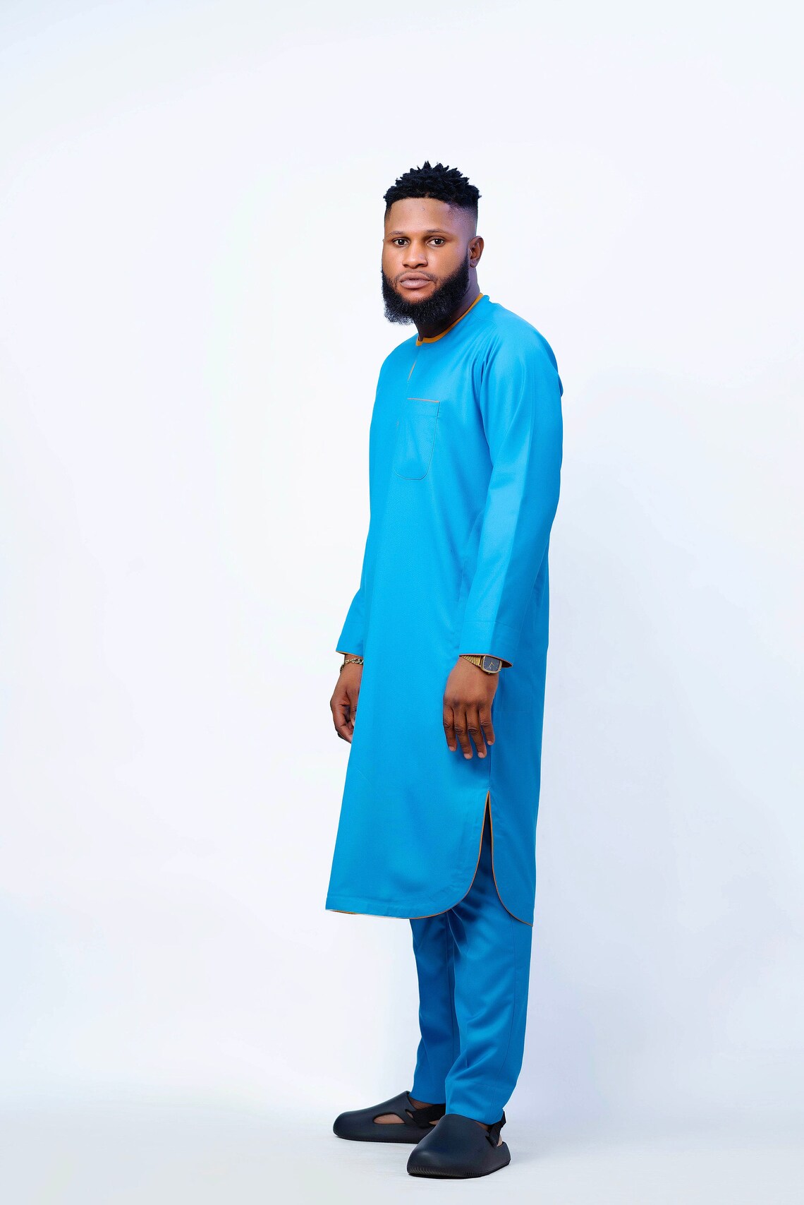 Royal Cyan Kaftan With Gold Trim - Men's African Long Sleeve Tunic ...