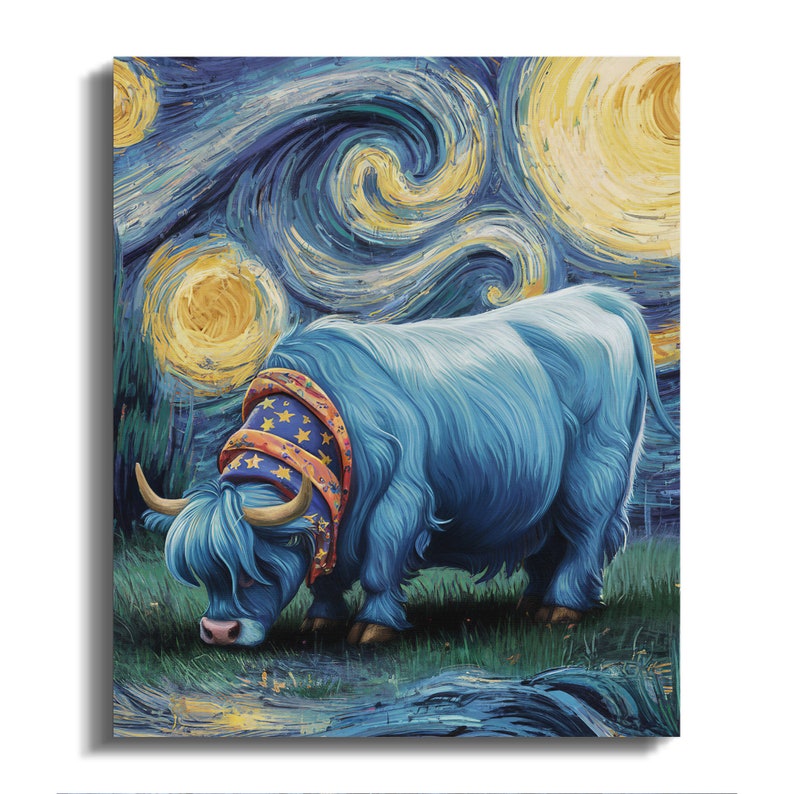 Highland Cow Starry Night Wall Art Print, Blue Scottish Cow Art Poster ...