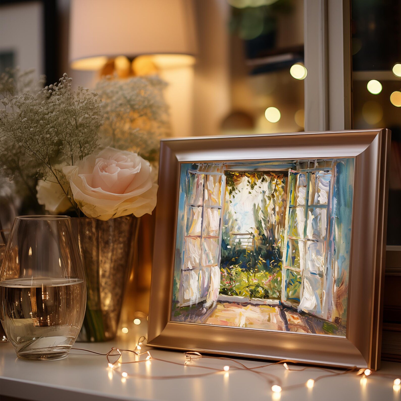 Vintage Open Window Painting - Rustic Oil Wall Art, Cottagecore Scene ...