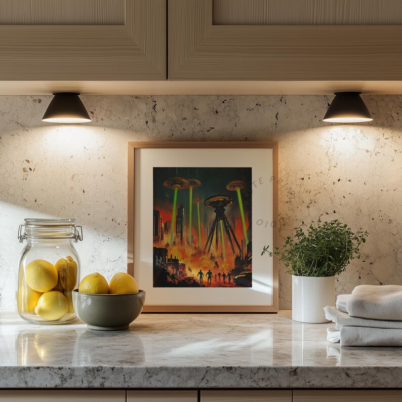 Vintage Alien Invasion Printable Art - Retro Sci-fi Tripods Over City ...