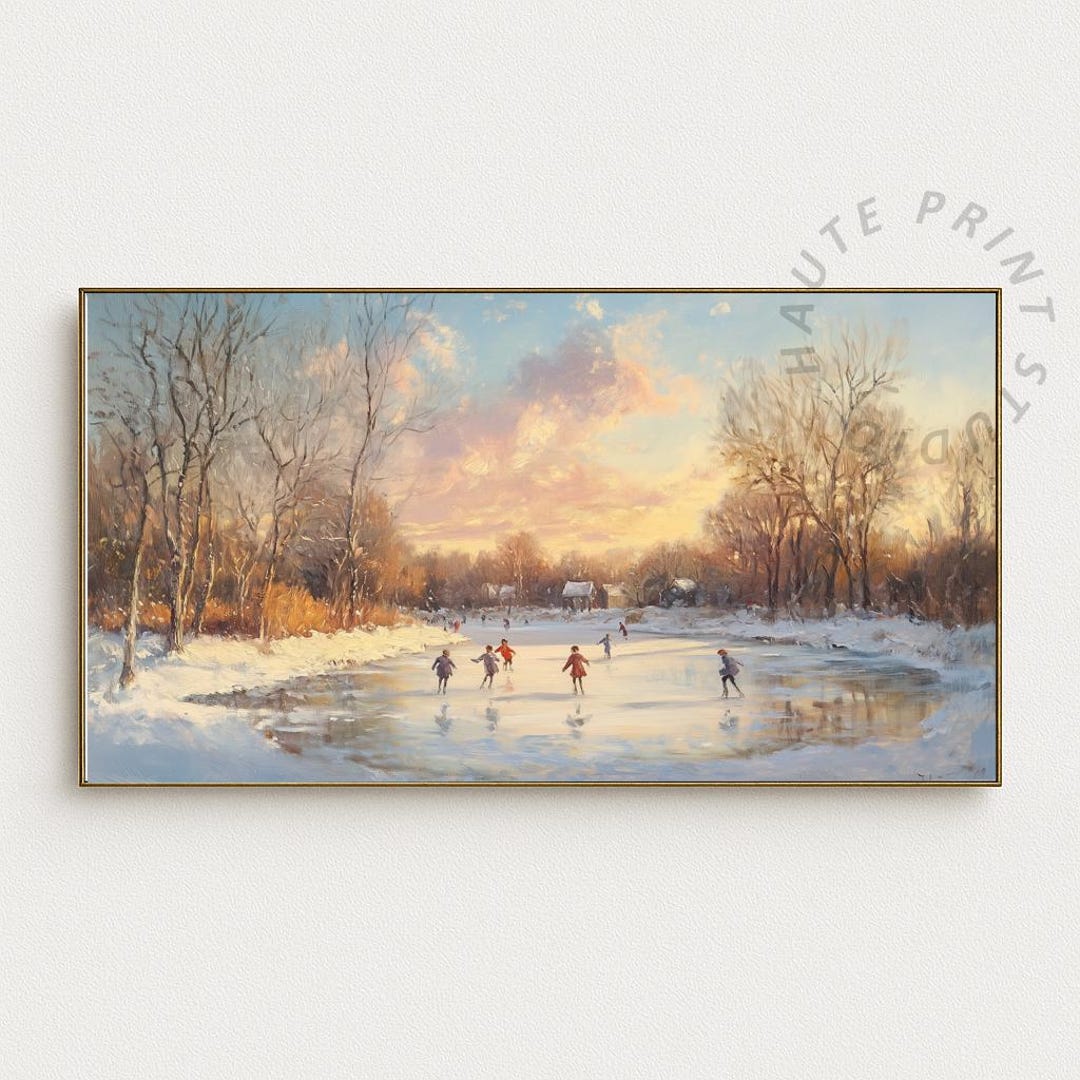 Classic Winter Pond Scene 4K Frame TV Art, Children Ice Skating Art ...