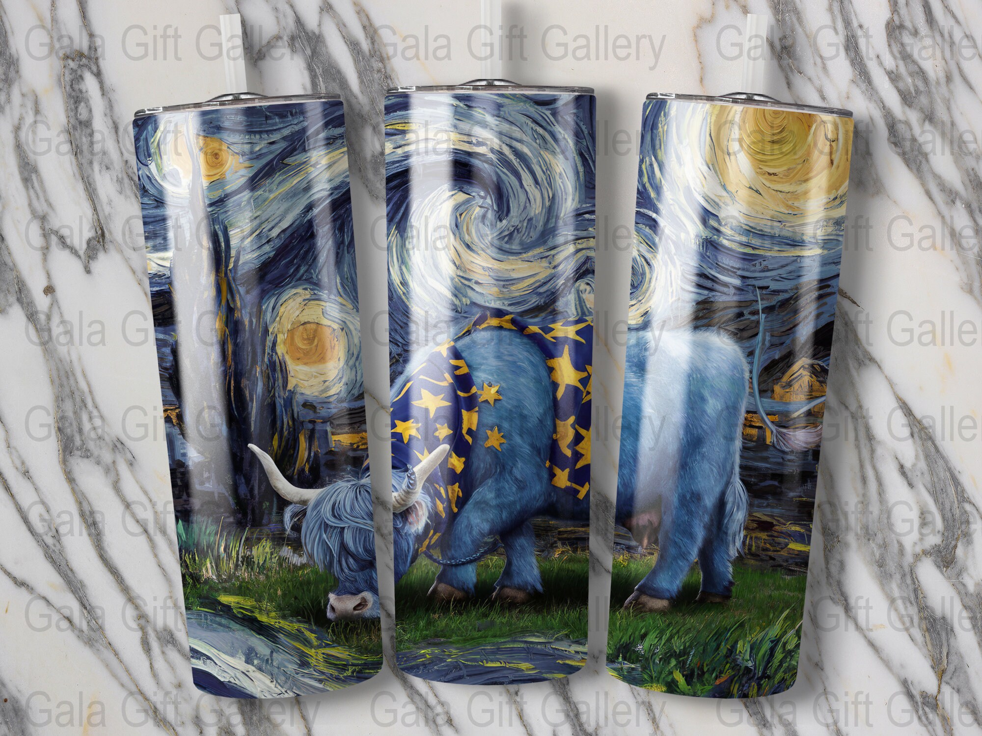 Highland Cow Starry Night Van Gogh Style Digital, 20oz Skinny Tumbler ...