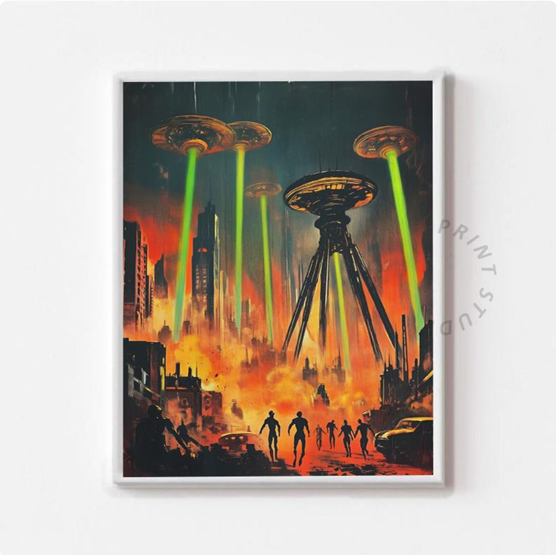 Vintage Alien Invasion Printable Art - Retro Sci-fi Tripods Over City ...