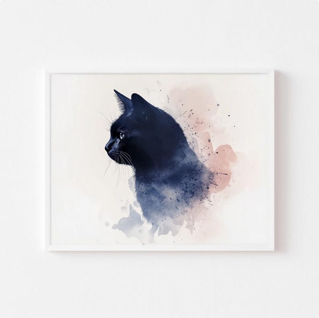 Indigo Cat Silhouette Watercolor Art - Moody Printable Wall Decor ...