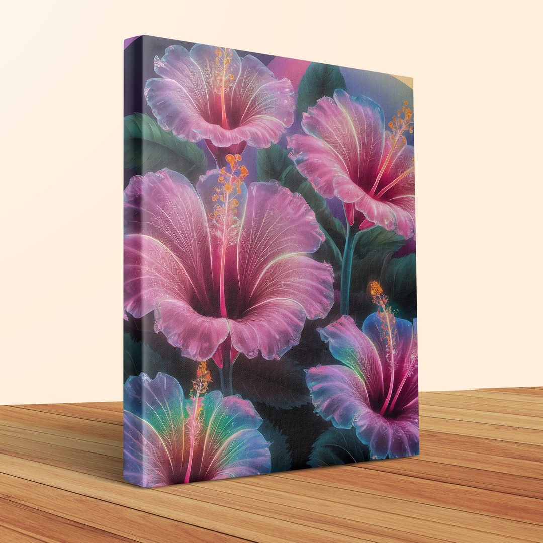 Neon Hibiscus Flowers Wall Art, Glowing Botanical Canvas Print, Vibrant ...