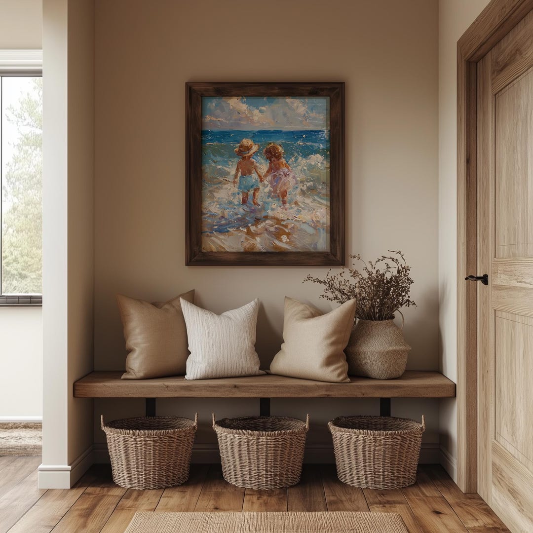 Bright Summer Beach Scene Printable - Children Playing Seaside Art ...