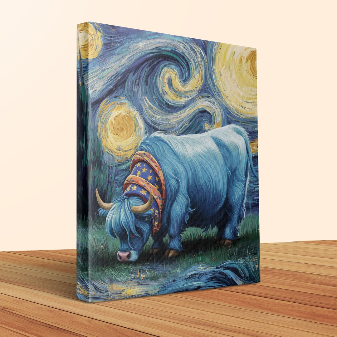 Highland Cow Starry Night Wall Art Print, Blue Scottish Cow Art Poster ...