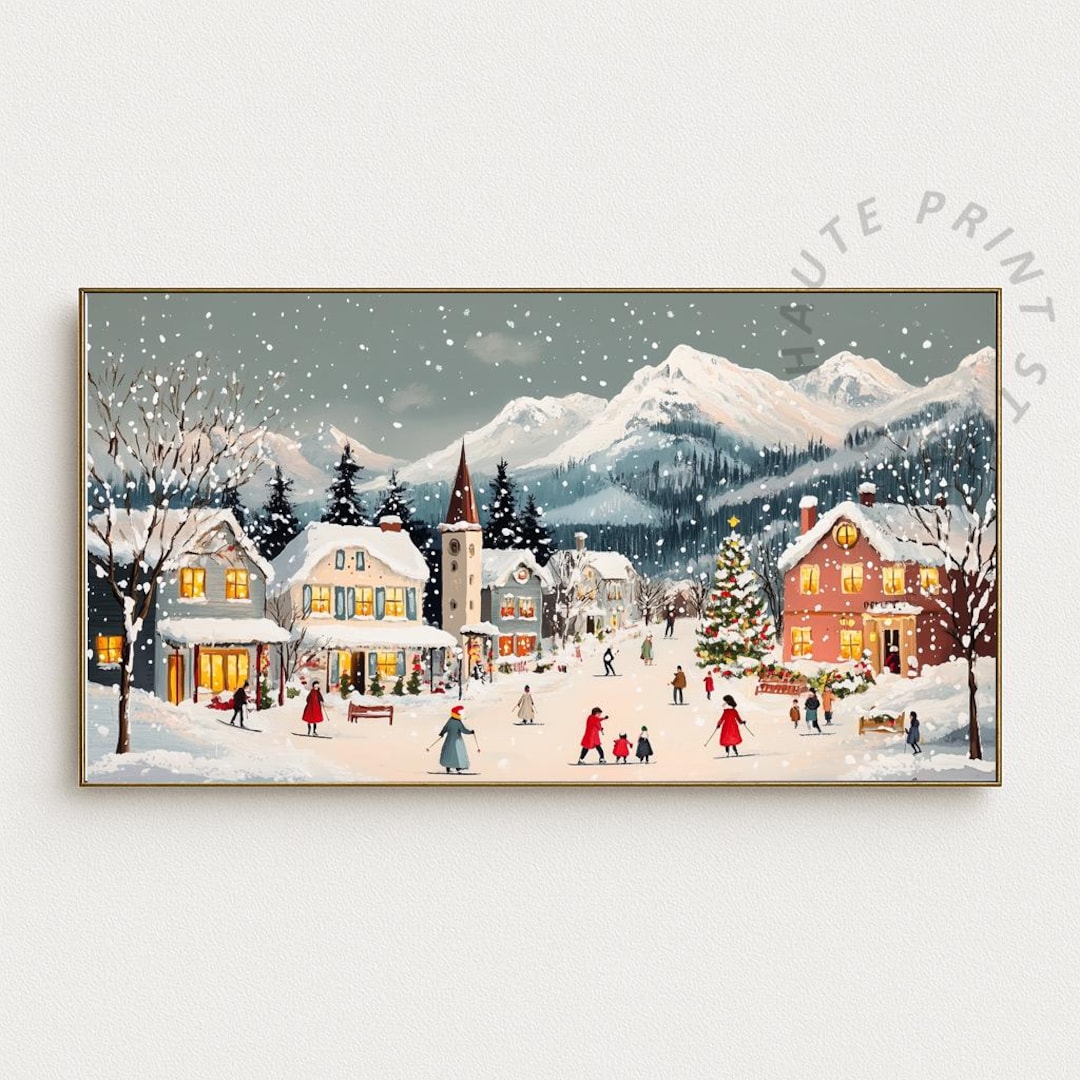 Winter Alpine Village Scene Frame TV Art, Christmas Chalet Decor ...
