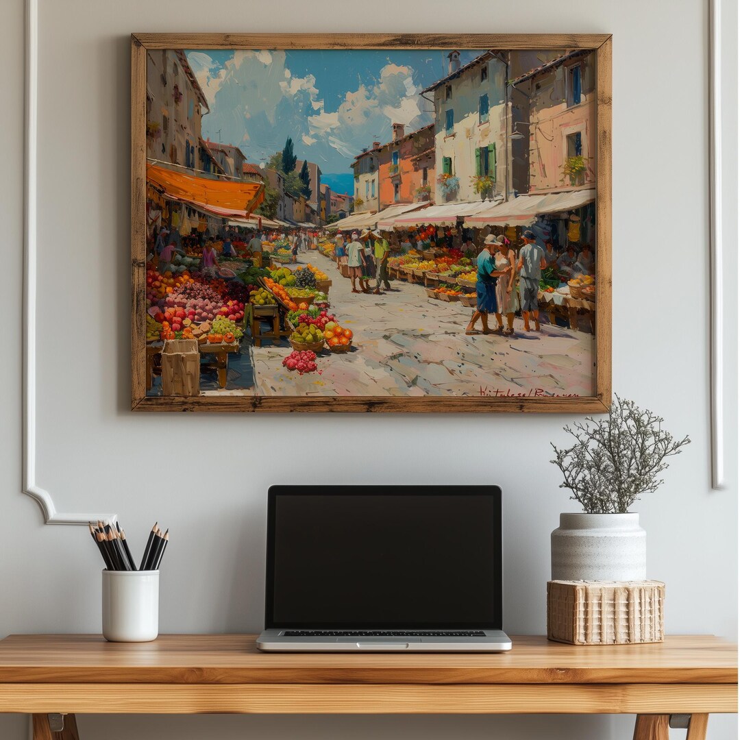 Mediterranean Market Scene - Printable Vibrant Town Square Wall Art ...