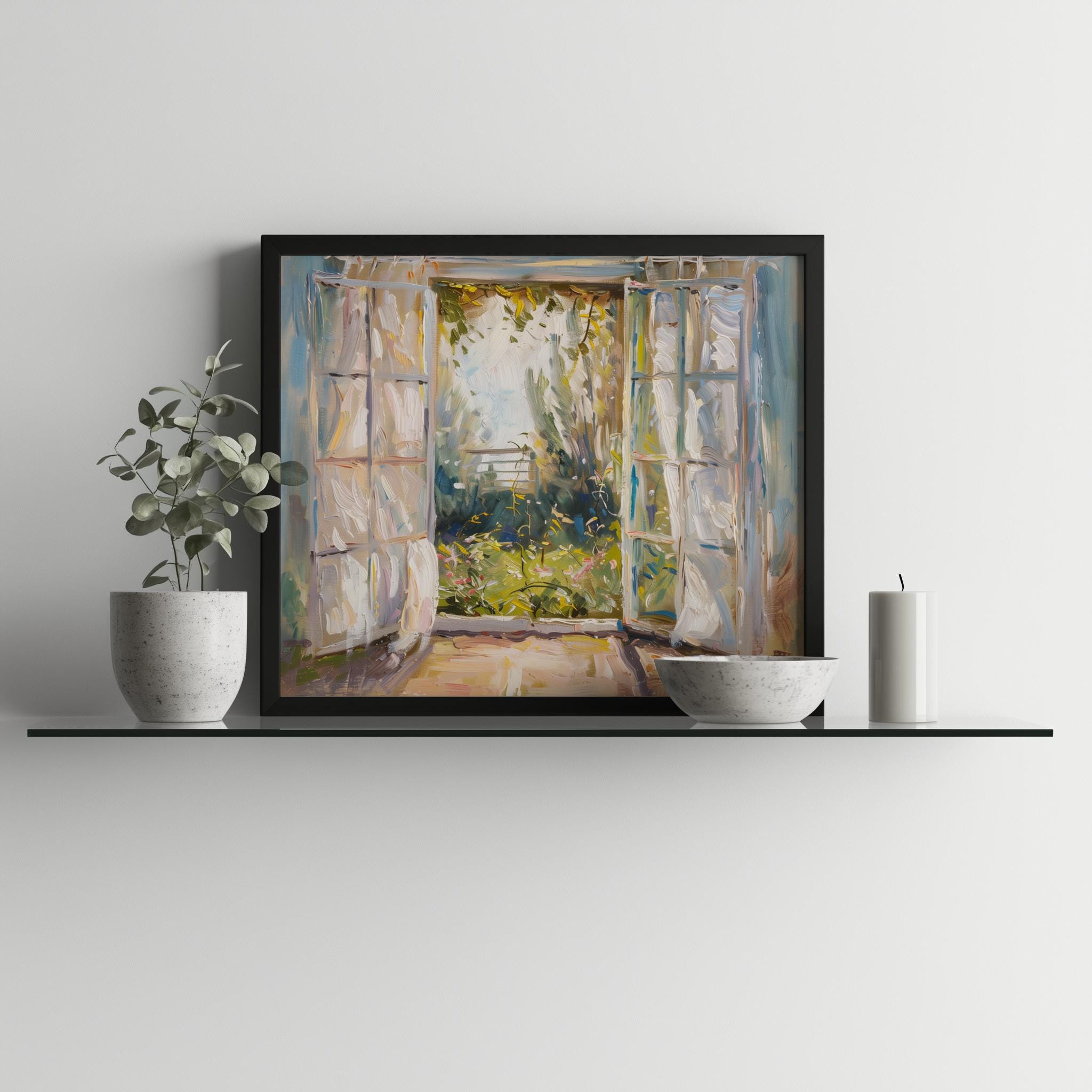 Vintage Open Window Painting - Rustic Oil Wall Art, Cottagecore Scene ...