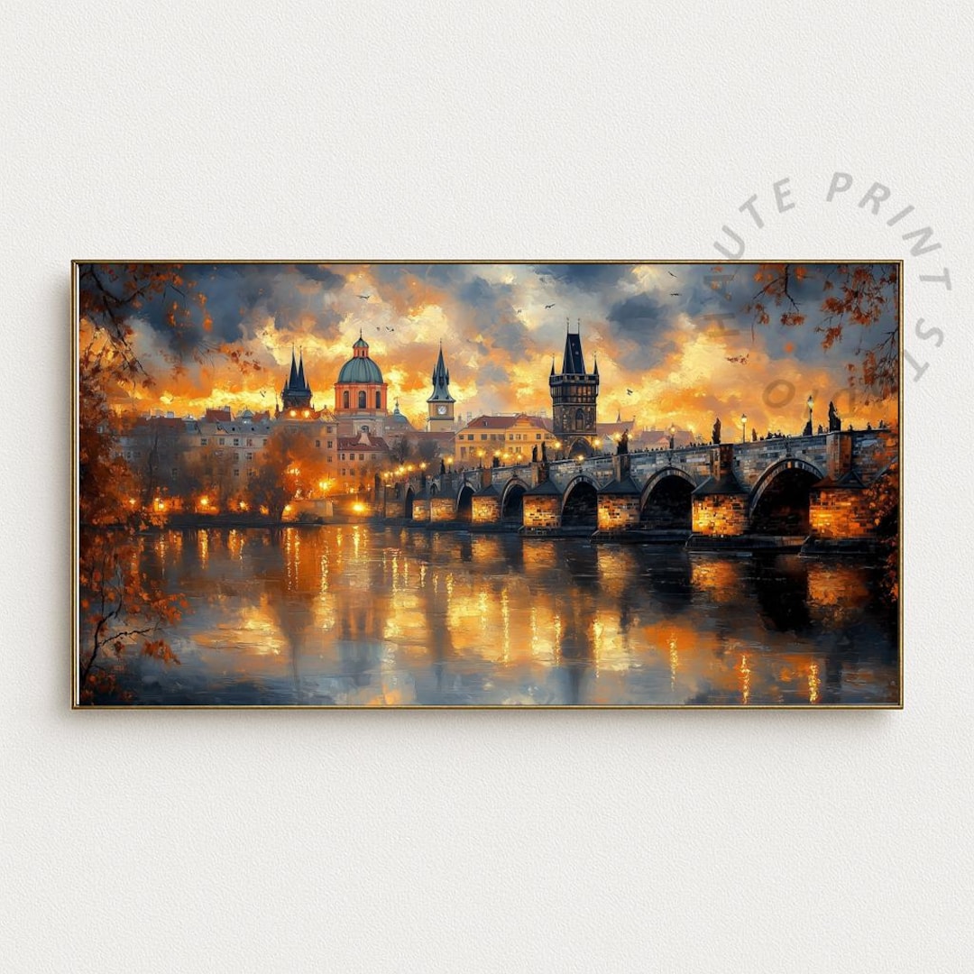 Prague Charles Bridge TV Frame Art Autumn Sunset Oil Painting 1495 - Etsy