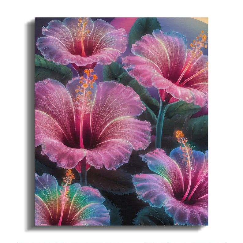 Neon Hibiscus Flowers Wall Art, Glowing Botanical Canvas Print, Vibrant ...