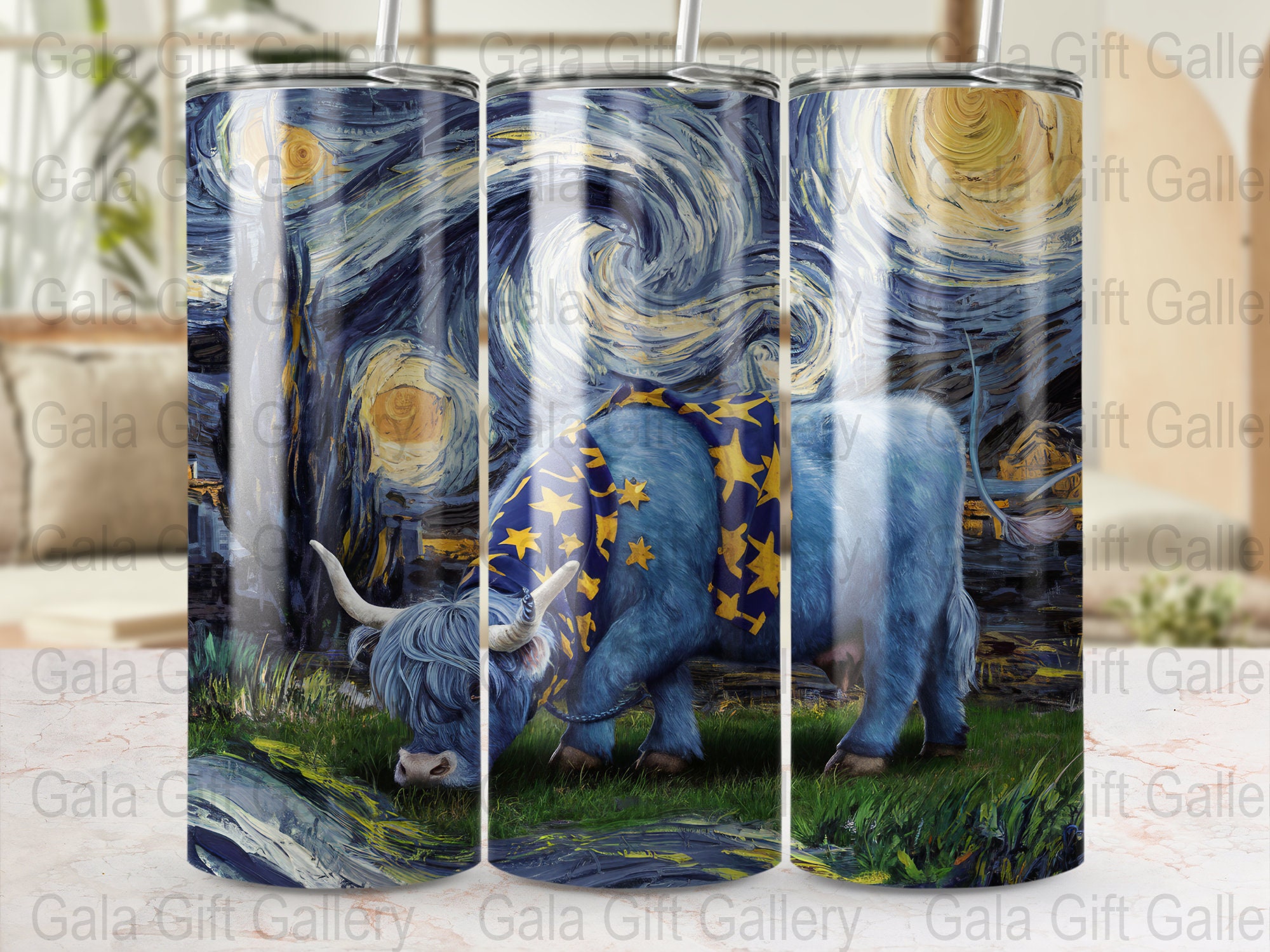 Highland Cow Starry Night Van Gogh Style Digital, 20oz Skinny Tumbler ...