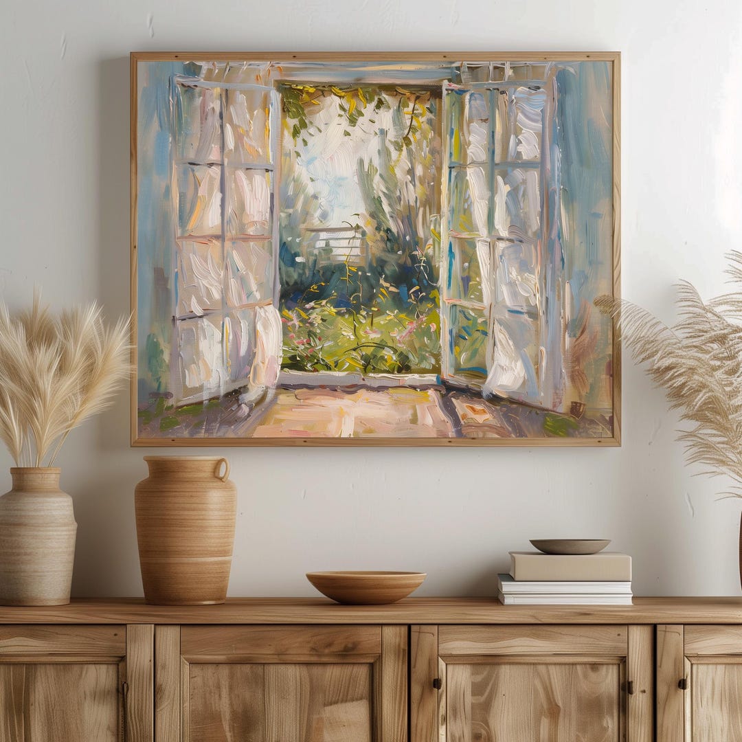 Vintage Open Window Painting - Rustic Oil Wall Art, Cottagecore Scene ...