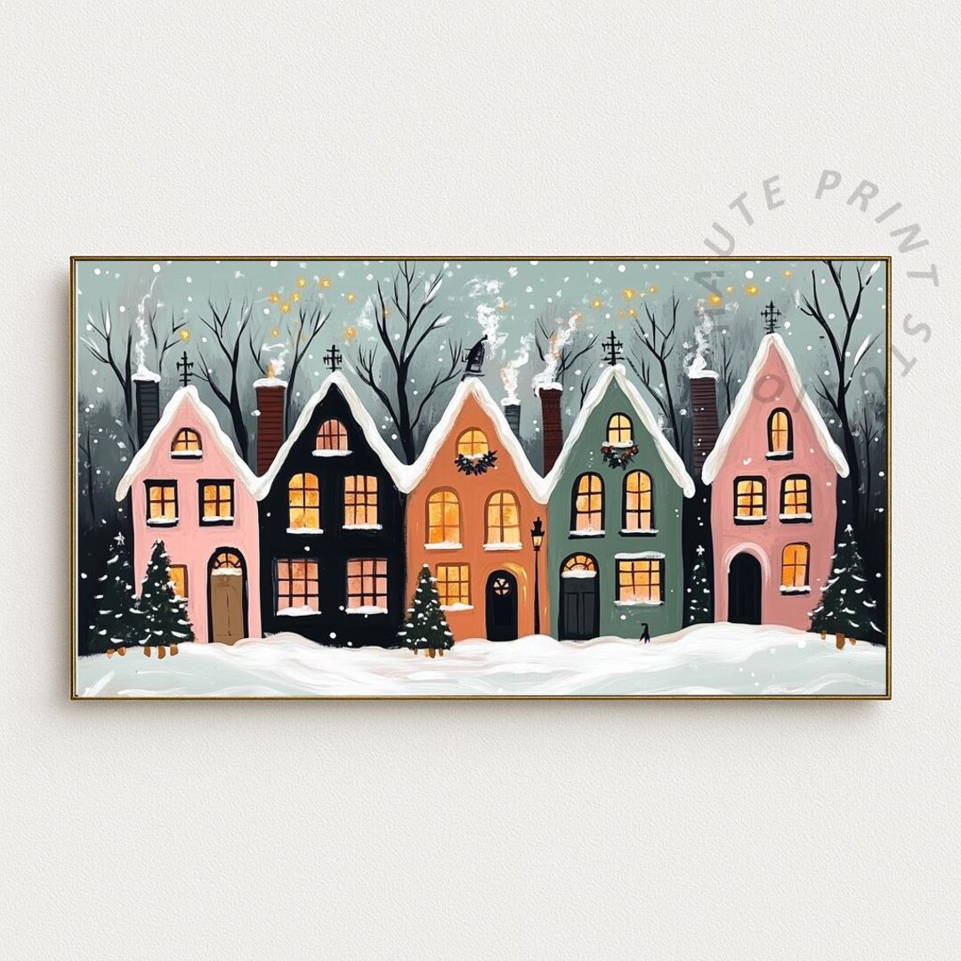 Vintage Christmas Village Frame TV Art, Cozy Winter Houses (digital ...
