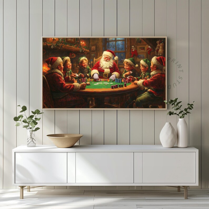 Vintage Santa Poker Night With Elves, Winter Oil Painting Original ...
