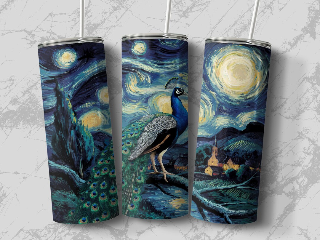 Starry Night Peacock Tumbler, Artistic Drinking Cup, Van Gogh Inspired ...