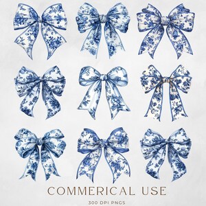 Toile Bow Clipart: Blue Coquette Bows, Commercial Use (digital Download ...