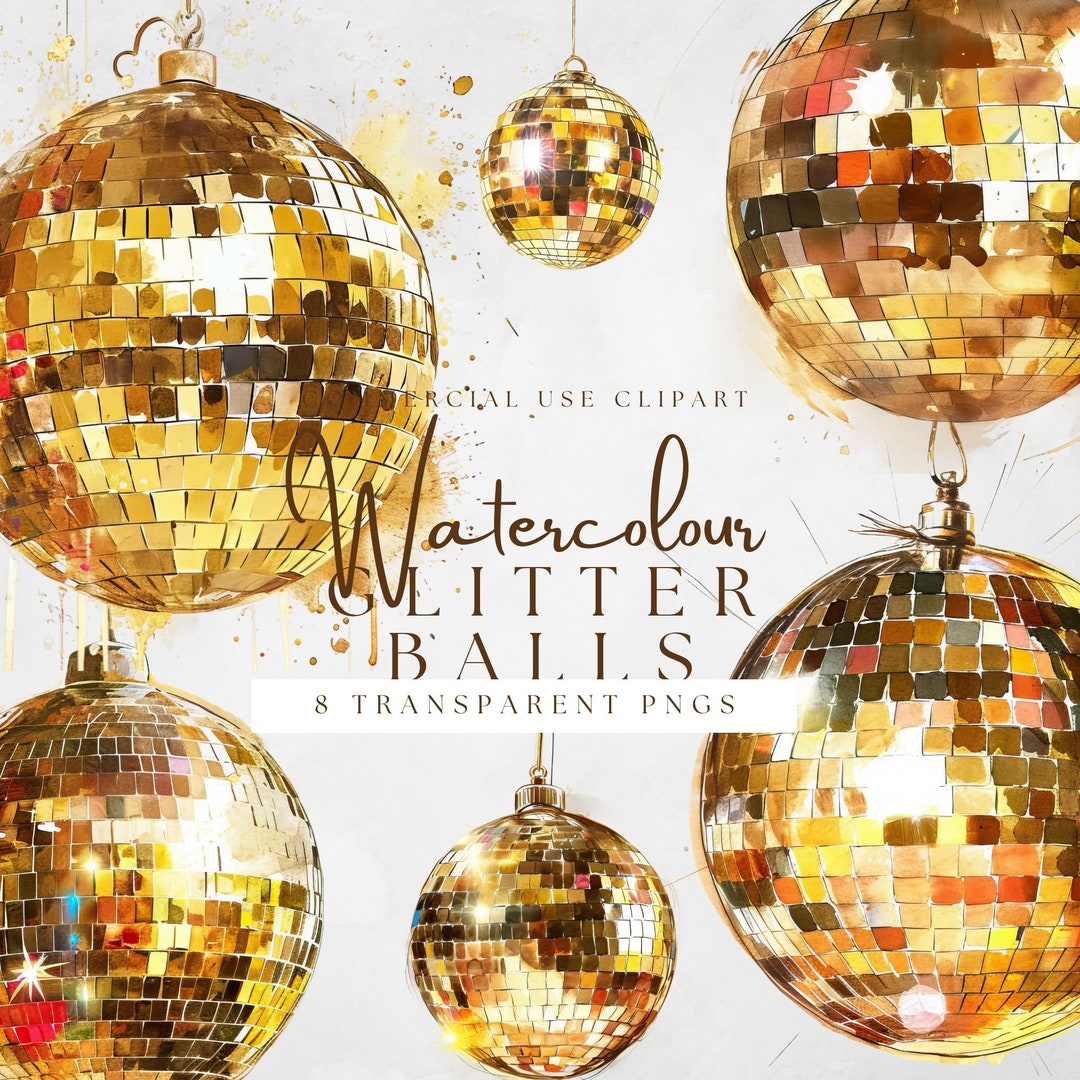 Gold Watercolour Glitter Ball, Retro Disco Ball, Party Clipart ...