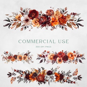 Burgundy and Burnt Orange Floral Watercolor Clipart | Boho Flowers ...